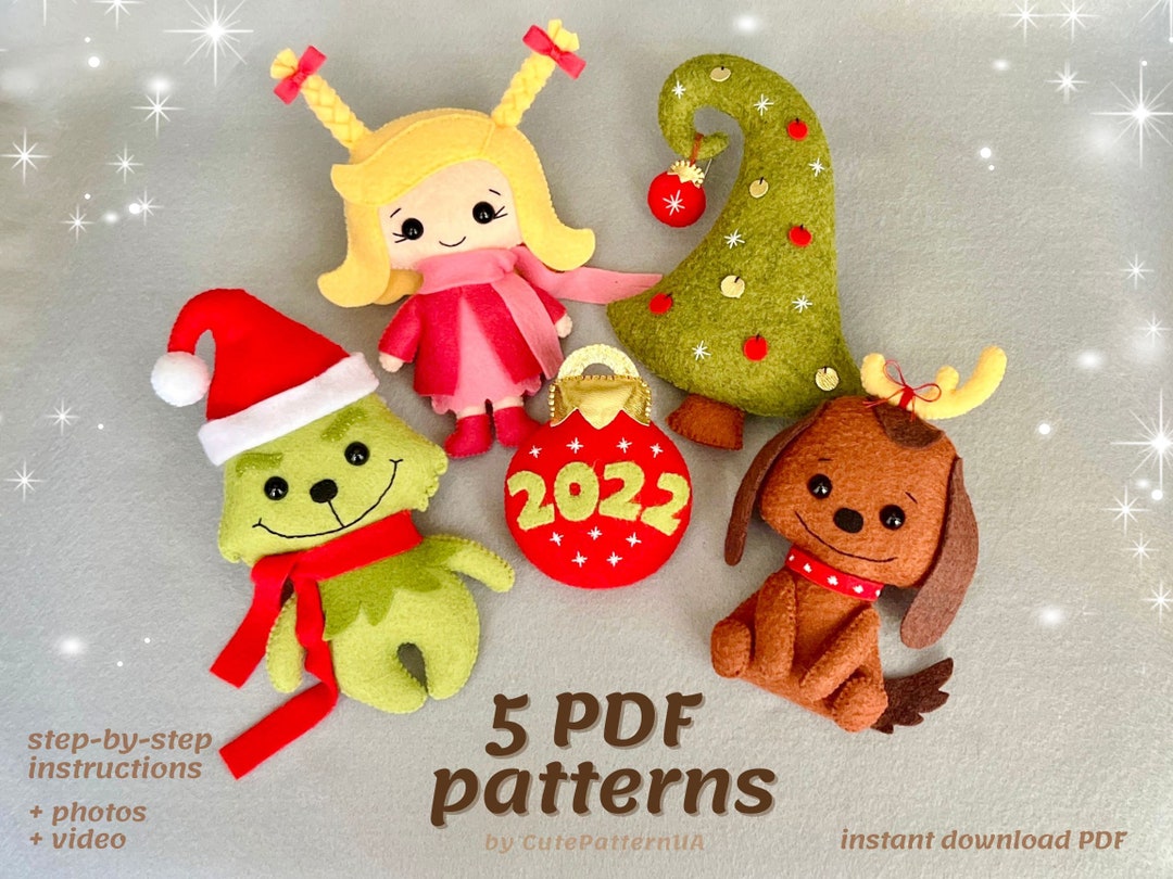 Christmas Sewing Pattern Felt Set of 5 PDF and SVG, Christmas Ornament ...