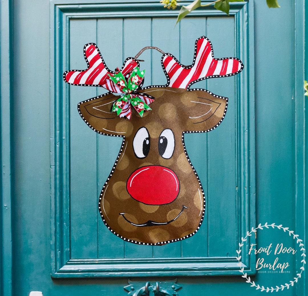 Reindeer Door Decor, Burlap Door Hanger, Wreath Alternative, Christmas ...