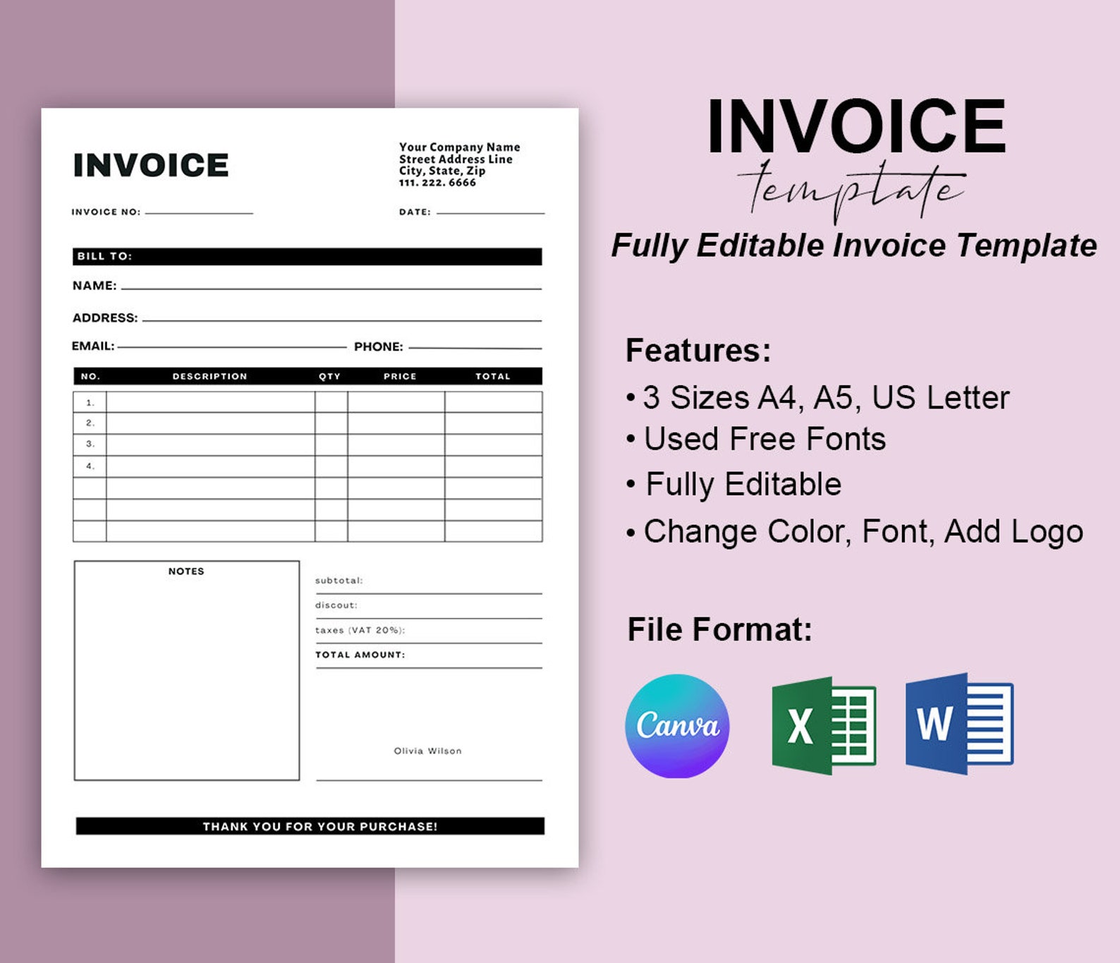 Invoice Template Canva, PDF, Word, Business Invoice, Invoice Word ...