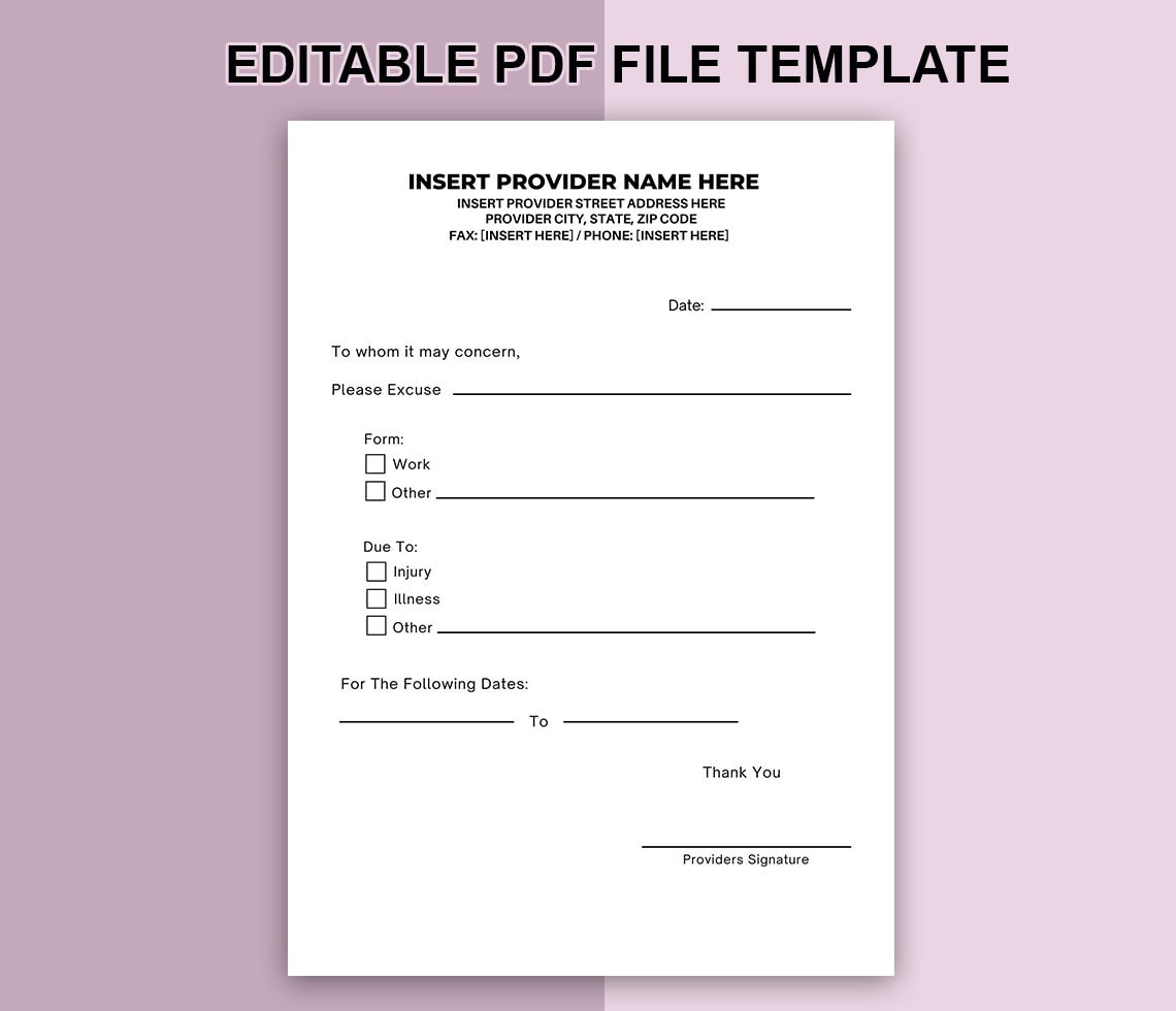 Printable Doctor Excuse Template, Medical Office Forms, Work Excuse ...