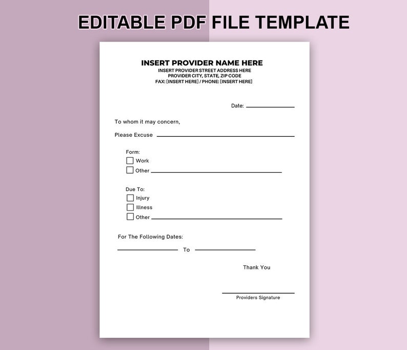 Printable Doctor Excuse Template Medical Office Forms Work - Etsy