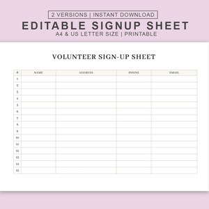 Editable Sign up Sheet, Sign up Template, Email Sign up Forms, Event ...