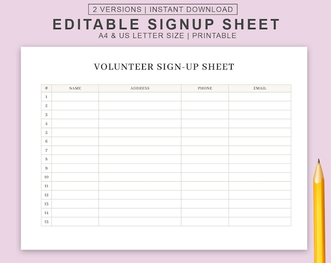 Sign up Sheet Fillable Digital PDF Event Sign up Sheets A4 / US Letter ...