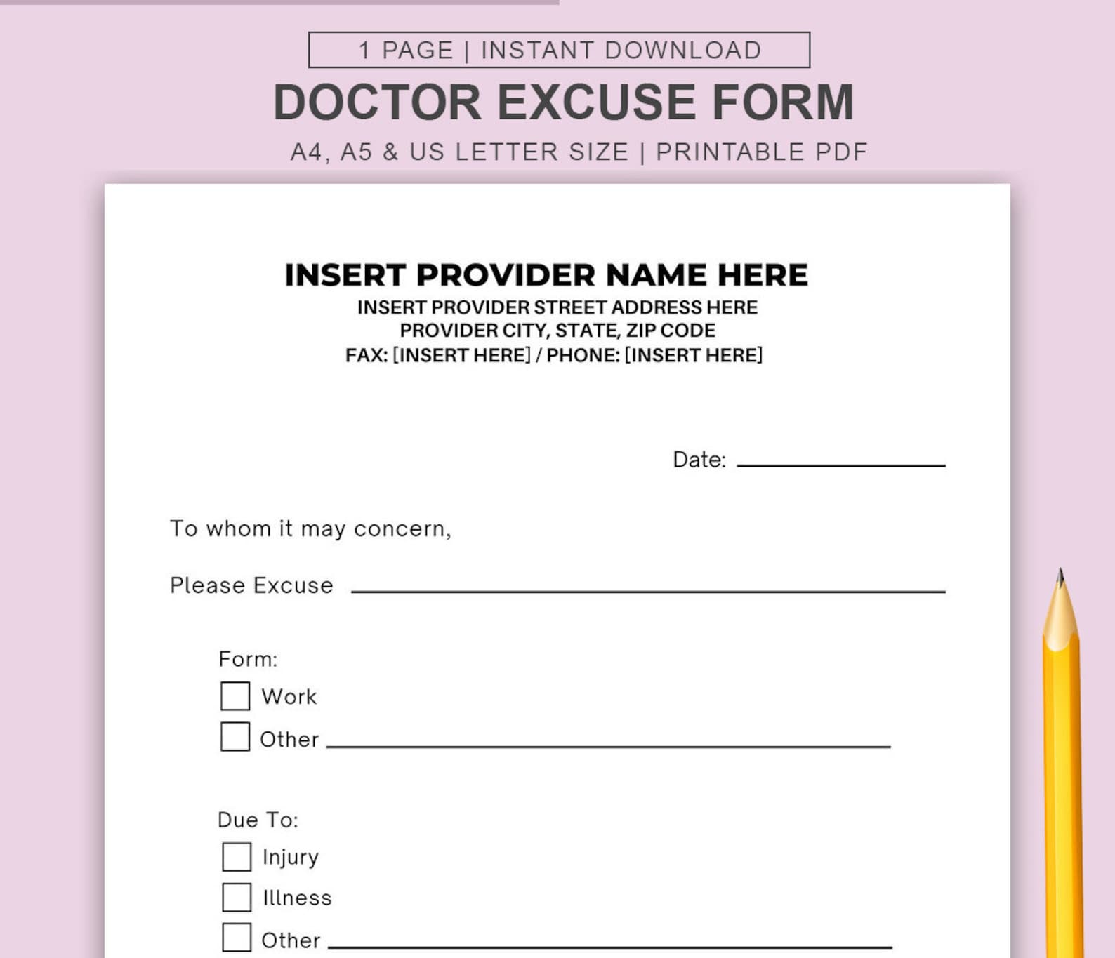 Printable Doctor Excuse Template, Medical Office Forms, Work Excuse ...