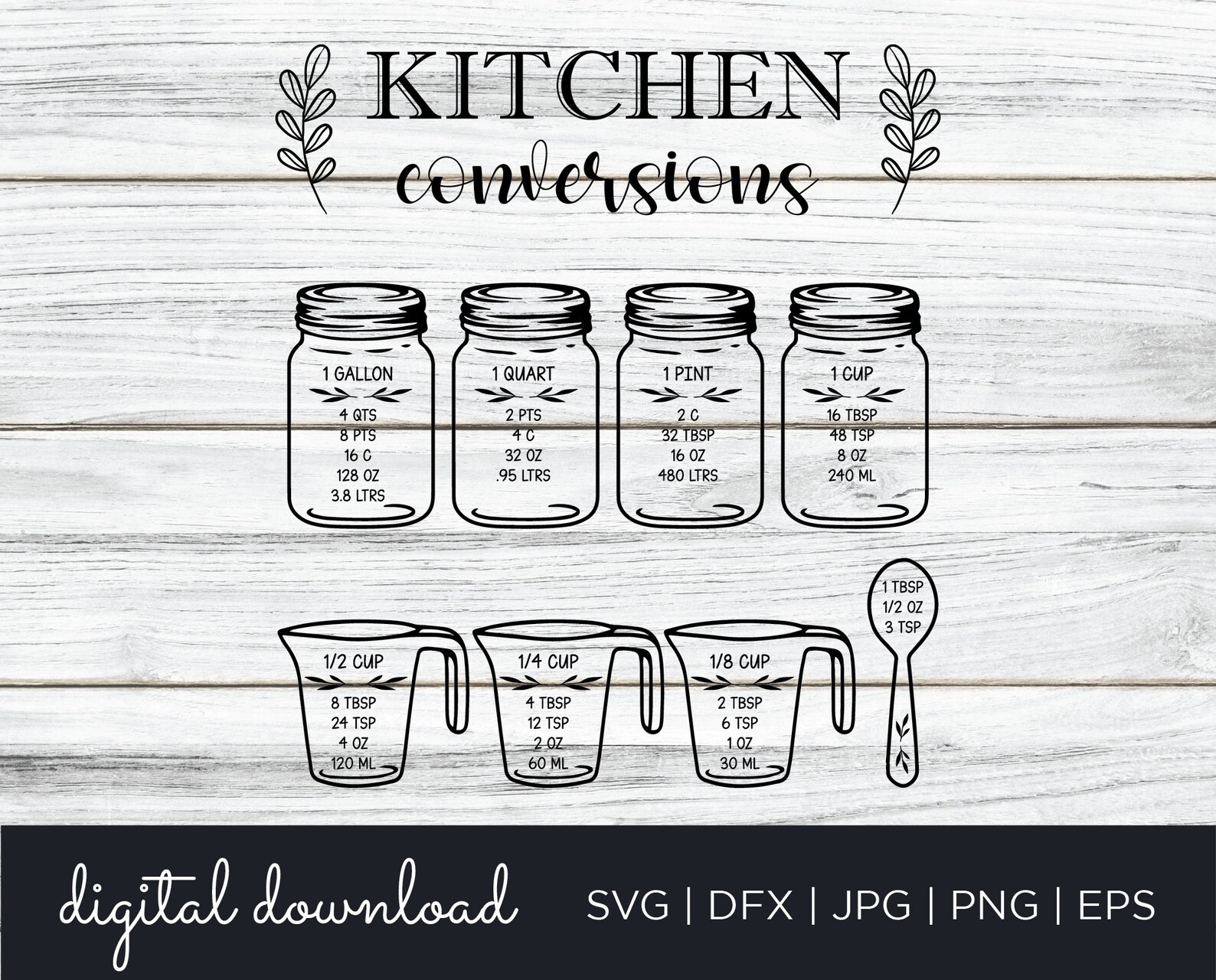 Kitchen Conversions Chart, SVG, Cutting File, Printable Cheat Sheet ...
