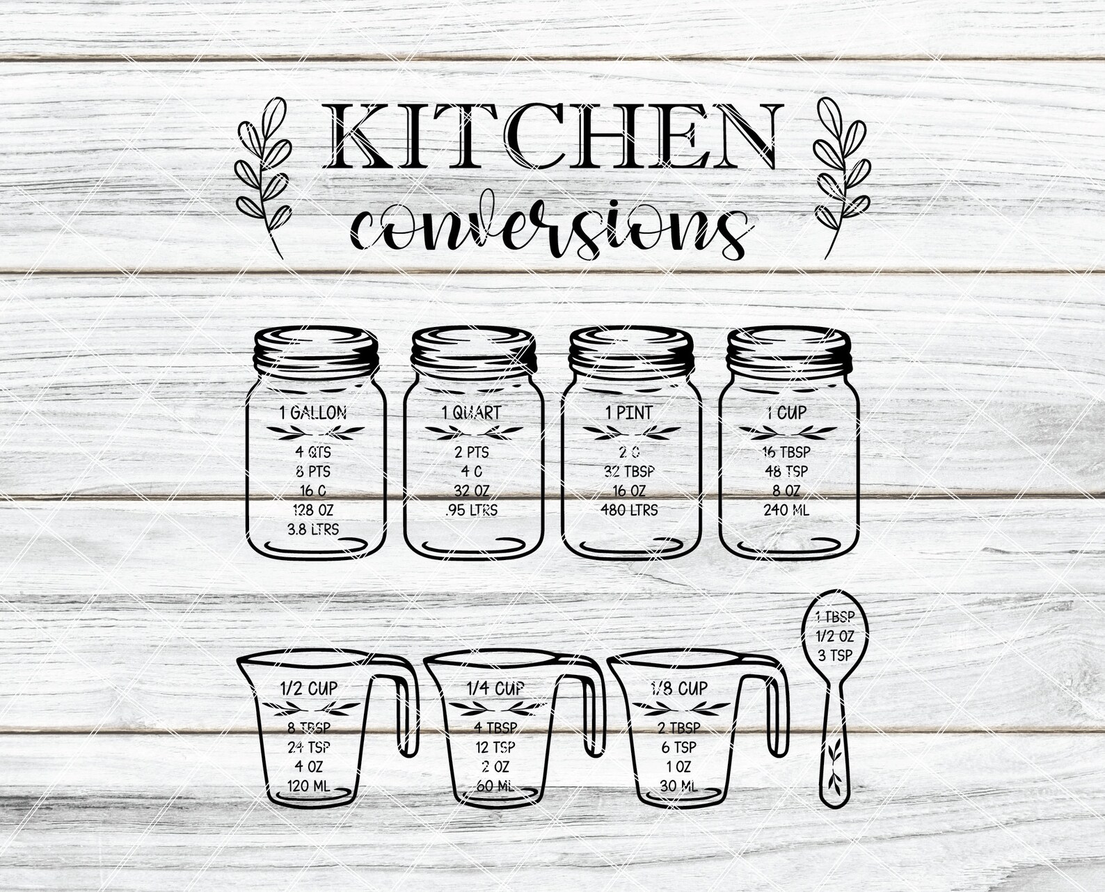 Kitchen Conversions Chart, SVG, Cutting File, Printable Cheat Sheet ...