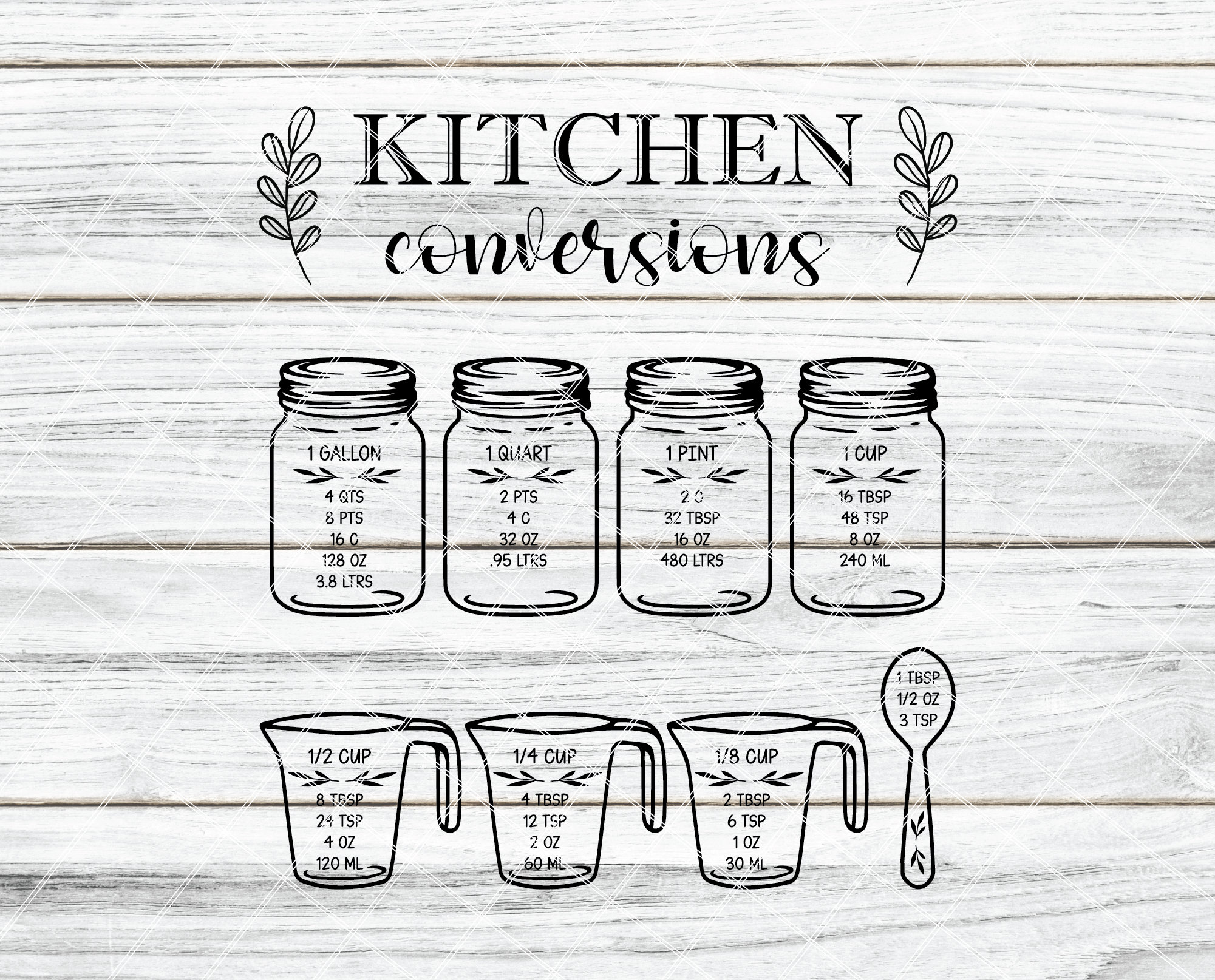 Kitchen Conversions Chart, SVG, Cutting File, Printable Cheat Sheet ...
