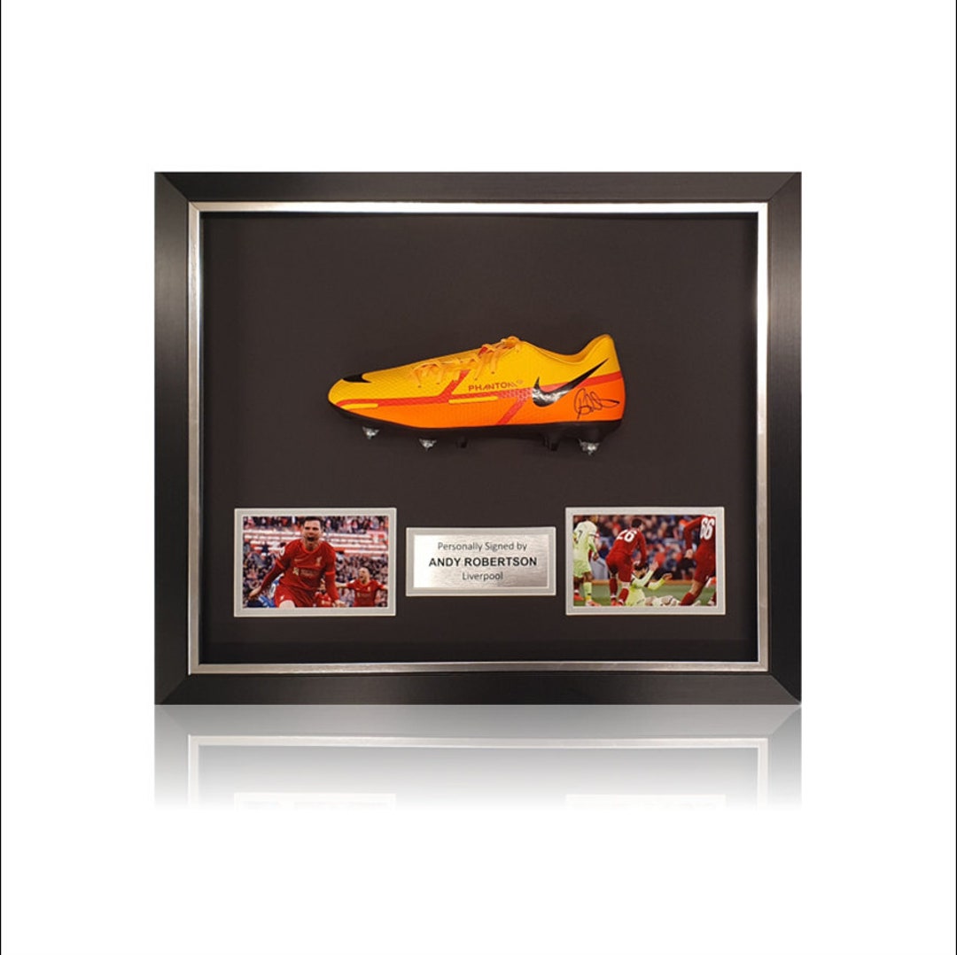 Andy Robertson Hand Signed ORANGE Football Boot in Deluxe Classic Dome ...