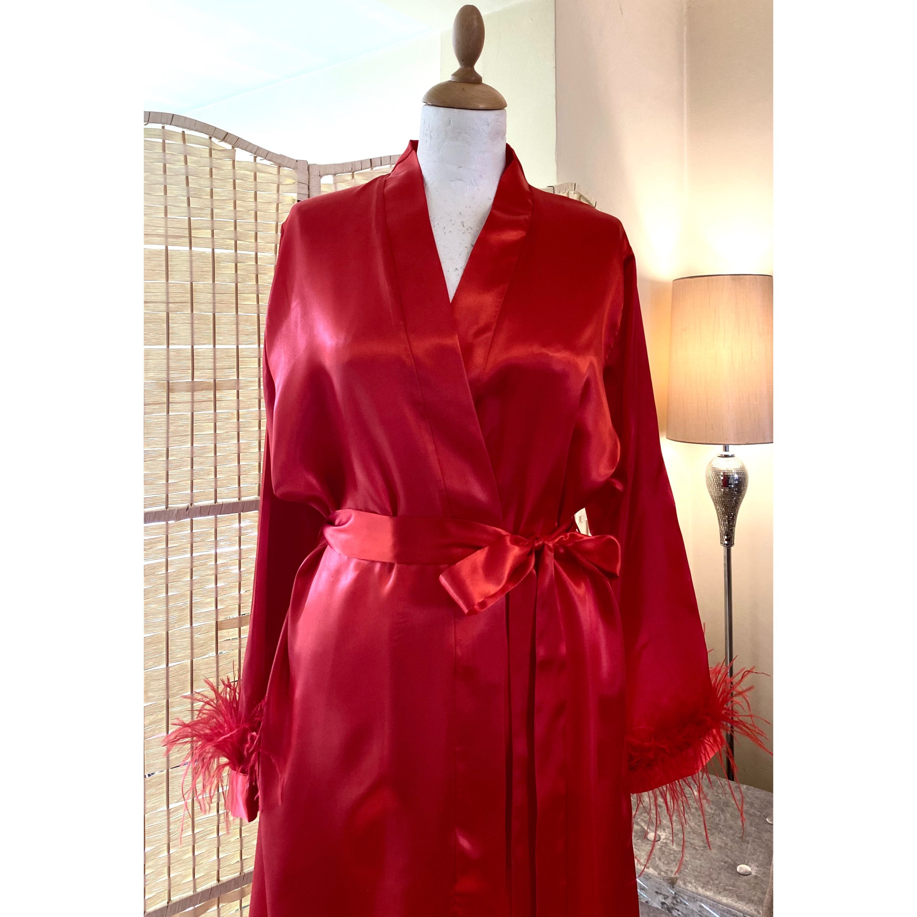 Personalised Luxury Satin Red Robe Faux Feather available | Etsy