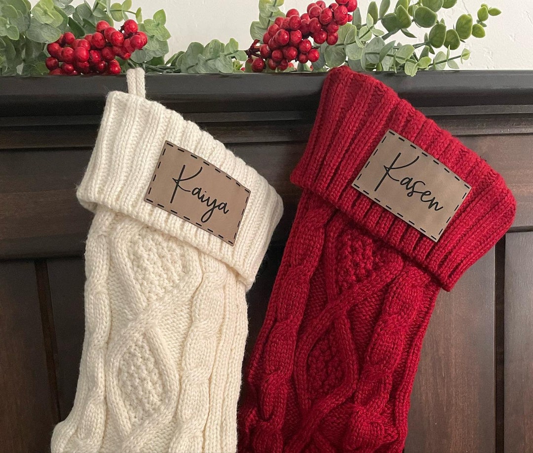 Personalized Leather Patch Christmas Stocking Cable Knit Stocking ...
