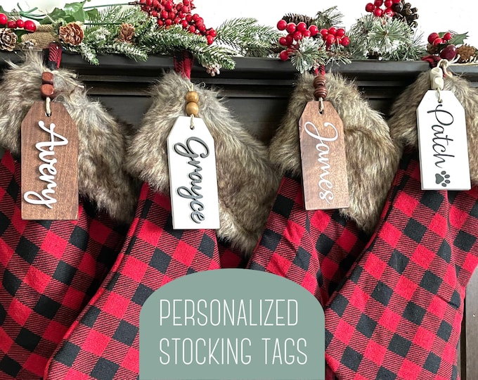 Christmas Stocking Name Tags, Custom Wooden Holiday Name Labels for ...