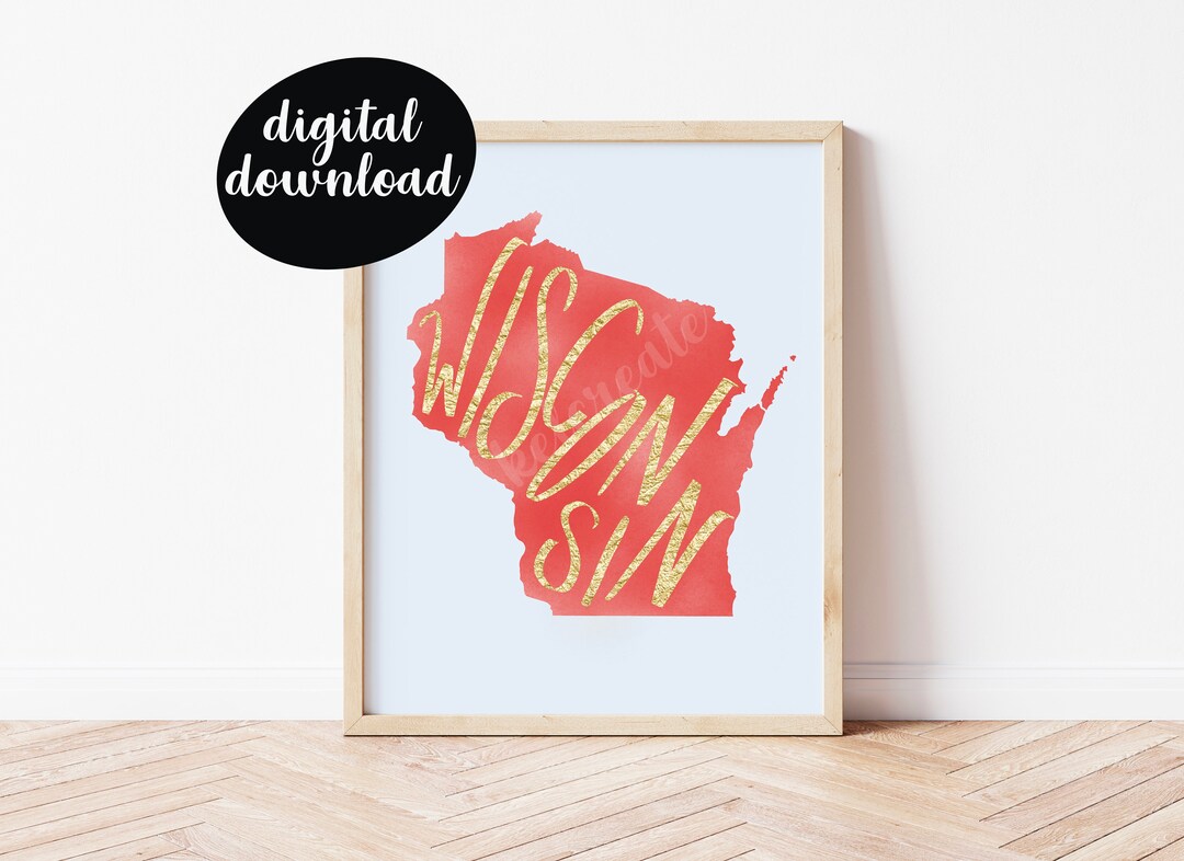 Wisconsin Map | Pink, Gold, Digital Download Print, Home Decor ...