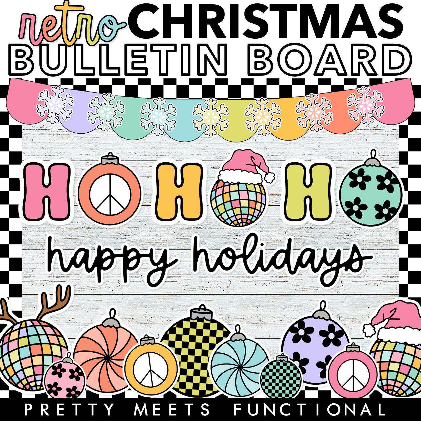 Retro Christmas Bulletin Board Set: Checkered Ornaments (digital ...