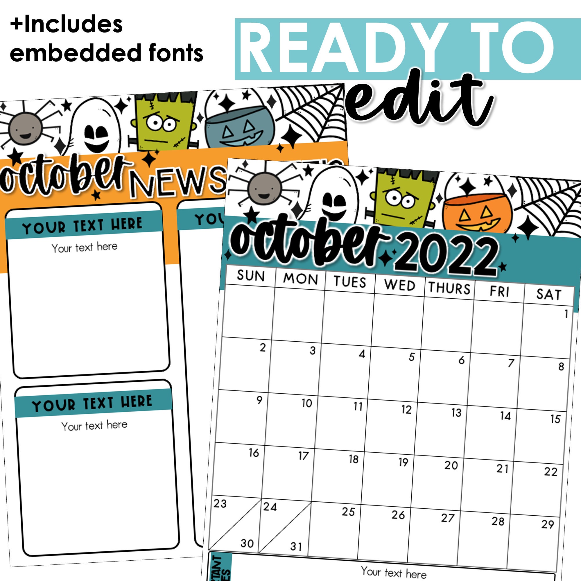 Printable Halloween Themed Class Newsletter and Calendar Templates ...