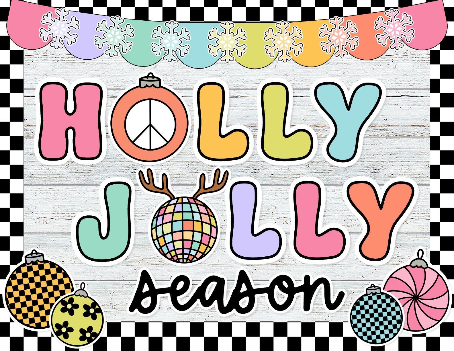 Retro Christmas Bulletin Board Set: Checkered Ornaments (digital ...