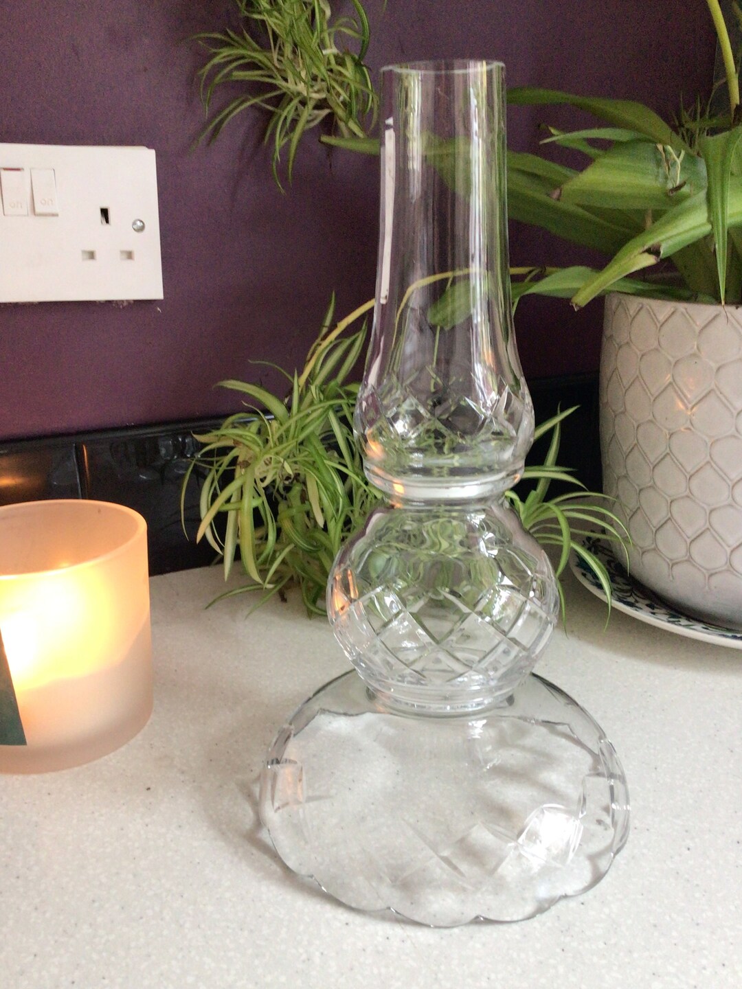 Lead Crystal Hand Cut Oil Lamp Funnel or Tall Chadelier Bobeche Diamond ...