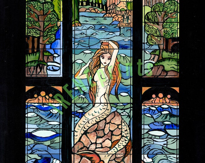 Painting Print of Mermaid Stained Glass Window - Etsy