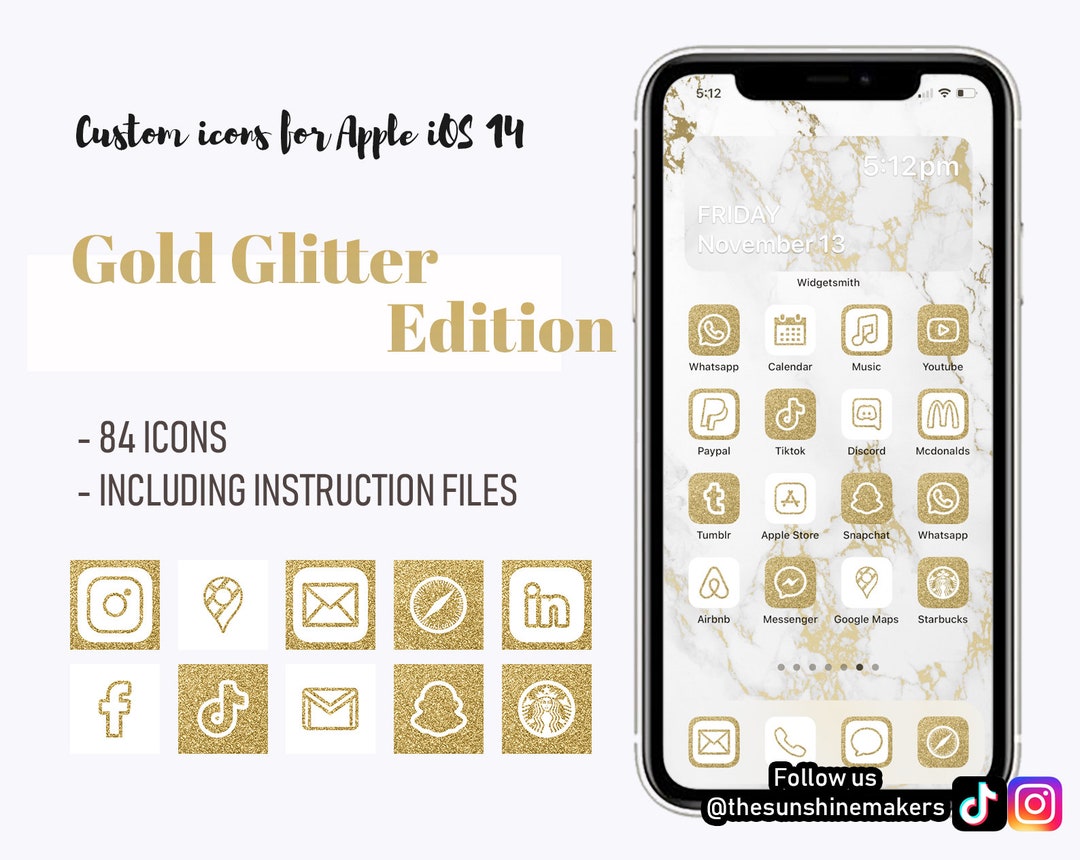 Gold Glitter Apple iPhone Ios 14 Icons Pack | Personalised Aesthetic ...