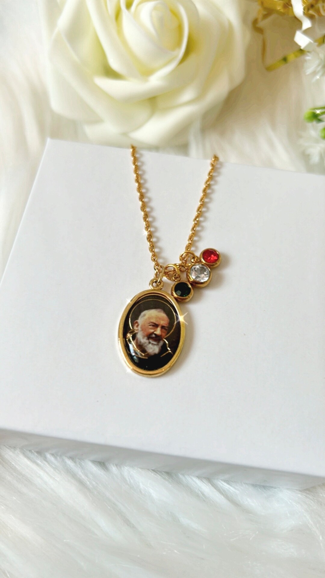 Italian Padre Pio Pendant Necklace With CZ Detail, Italian Flag St. Pio ...