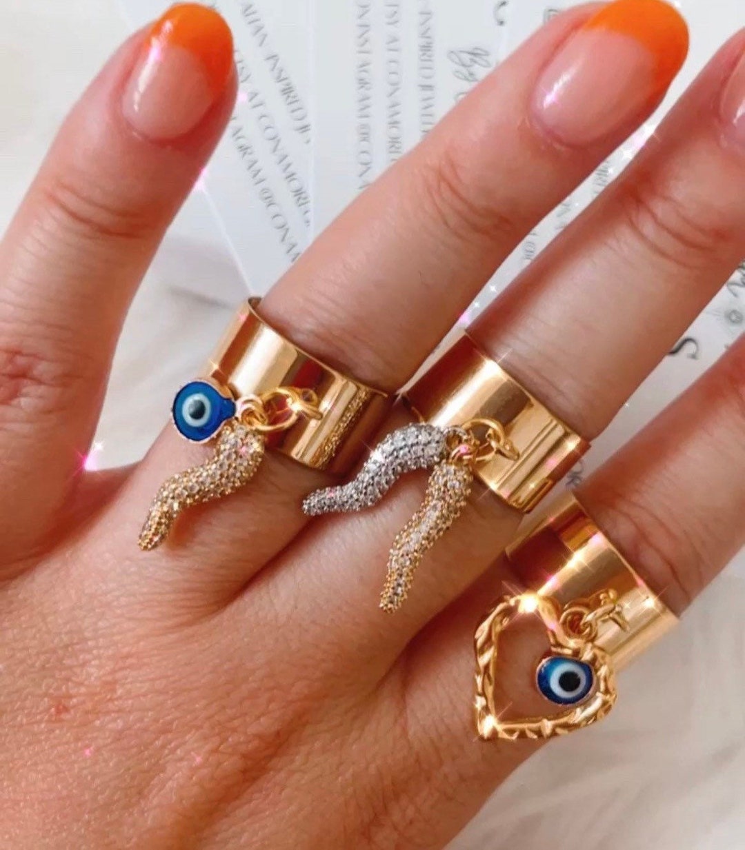 The gemella Double Cornicello Adjustable Gold Ring, Italian Horn Evil ...