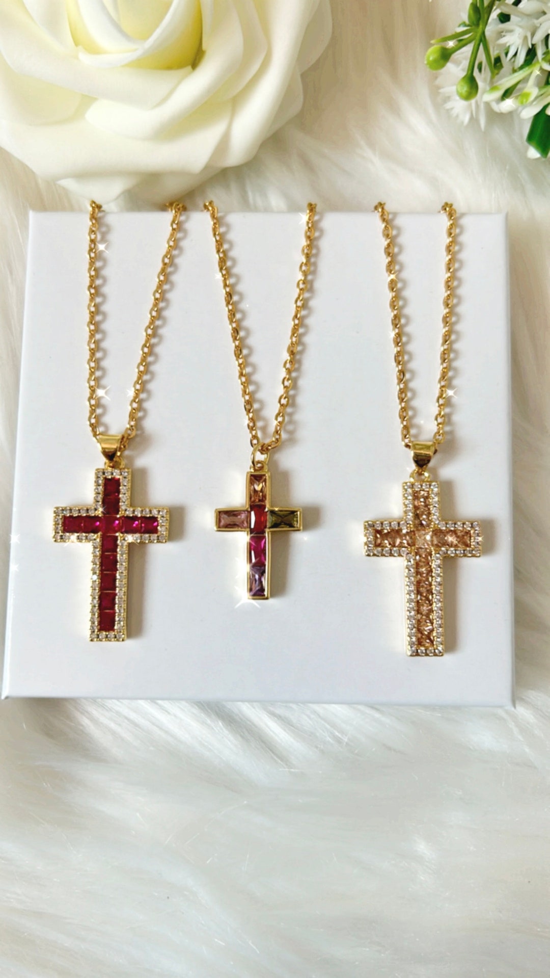Catholic Cross Necklace in Gold, Crystal Cross Chain, Confirmation Gift ...