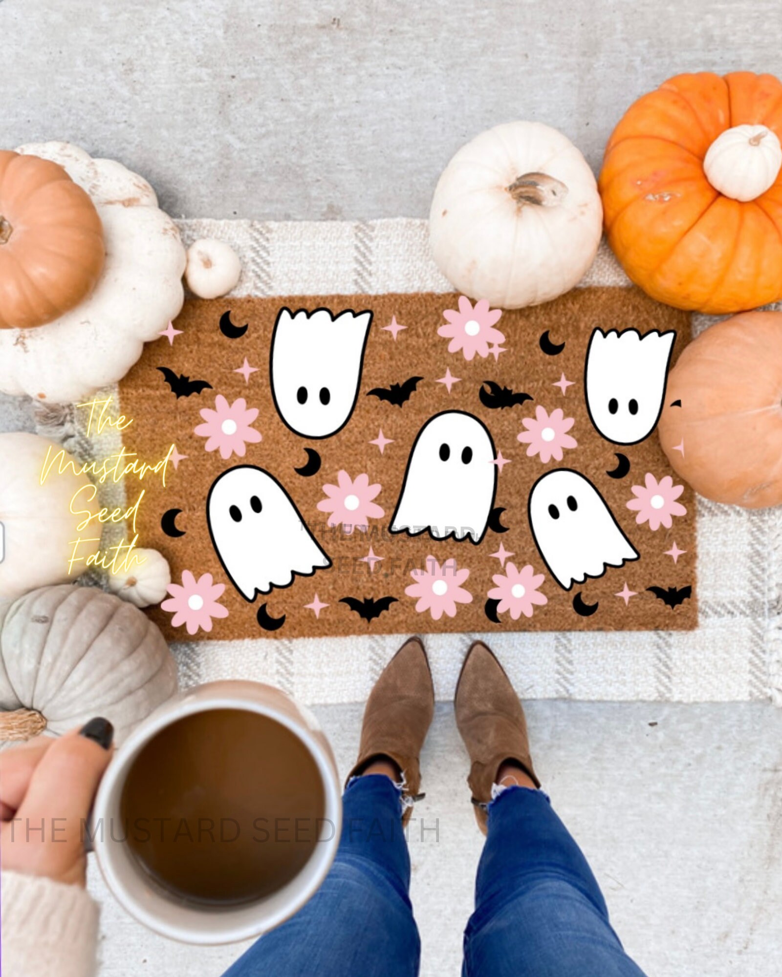 Fall Halloween Doormat, Pumpkin, Pumpkin Doormat, , Floral Ghost Pink ...