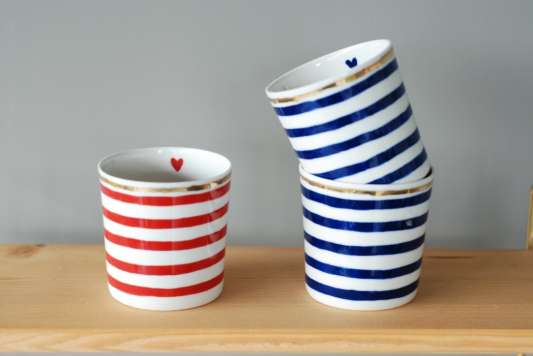 Handmade Porcelain Striped Handless Cup With Tiny Heart, Striped ...