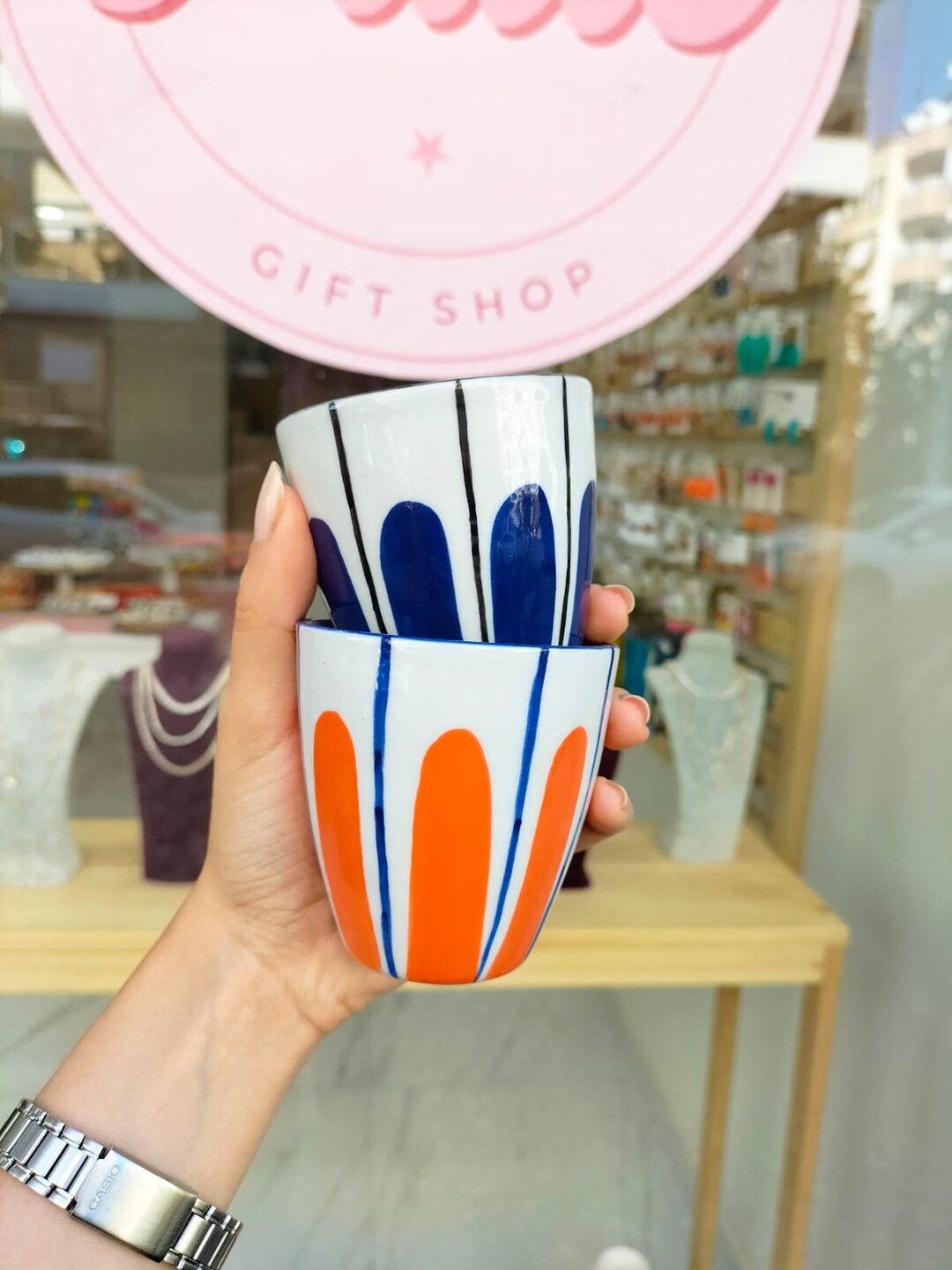 Handless Porcelain Cup With Retro Design, Handmade Striped Ceramic ...