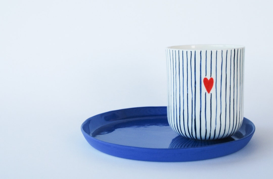 Blue White Striped No Handle Porcelain Cup With Red Heart, Handless ...