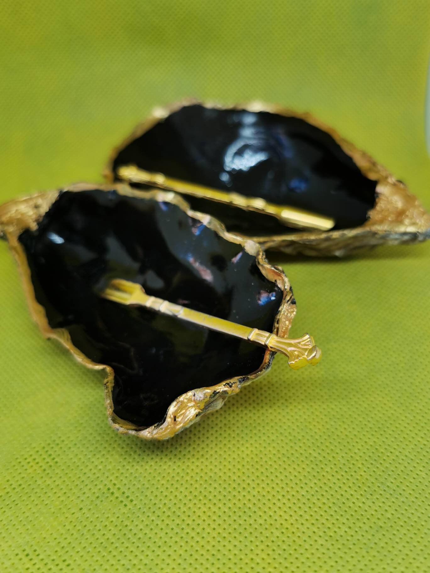 Oyster Shell Condiment Dish. Black Enamel With Gold Trim. - Etsy UK