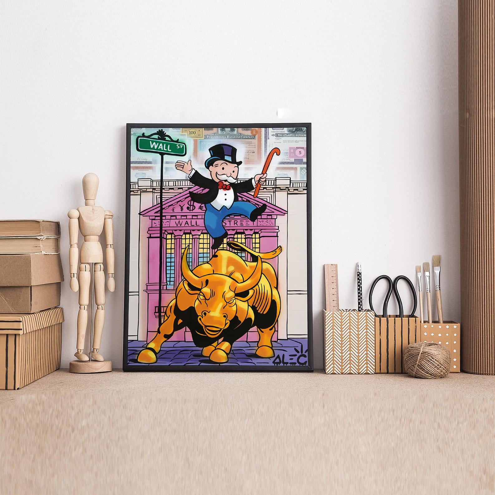 Wall Street Monopoly Man Riding Bull Canvas, Pop Art Money-themed ...