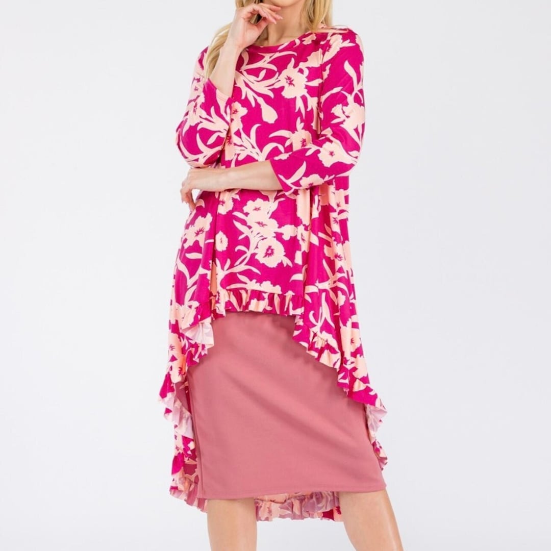 Women's Tunic Top Fuchsia Pink Floral Hi Low Tunic Top With Ruffle - Etsy