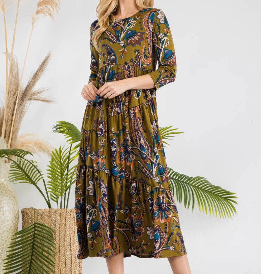 Women's Tiered Dress Olive Green Paisley Dress Maxi Dress Woman's Long ...