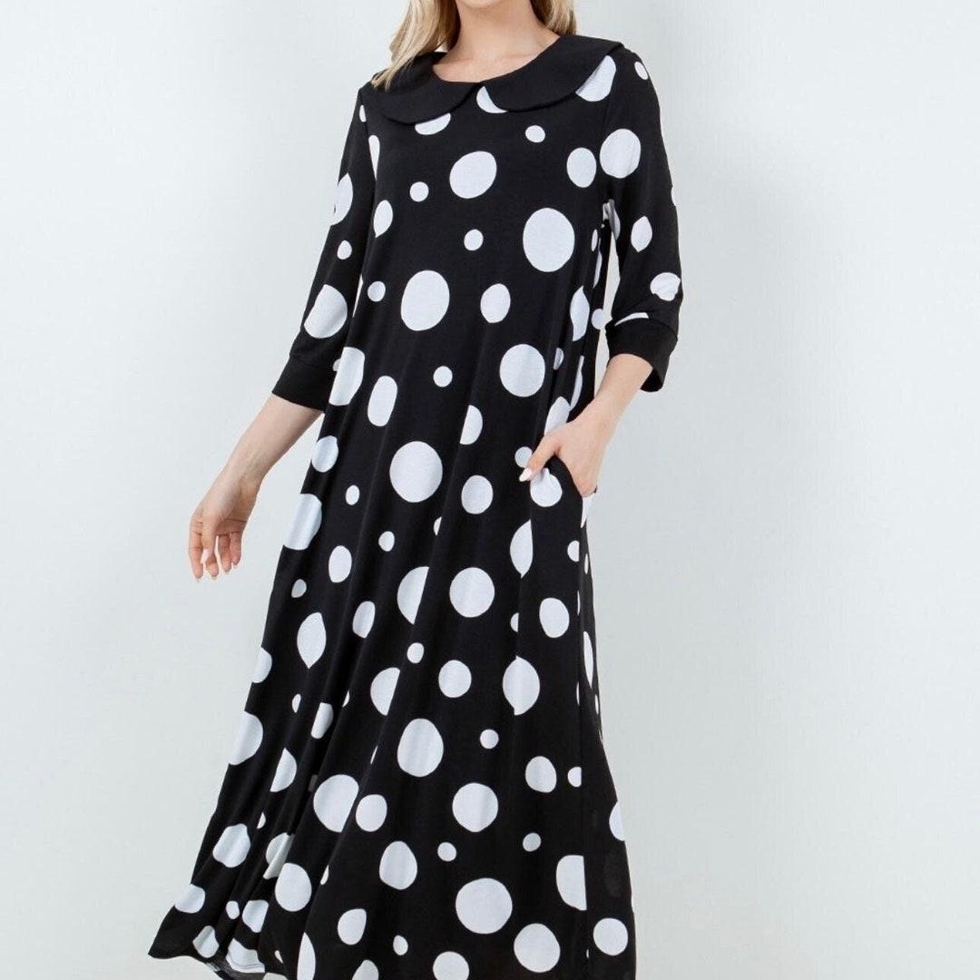Black Long Modest Long Dress Liza’s Peter Pan Collared Polka Dot Black ...