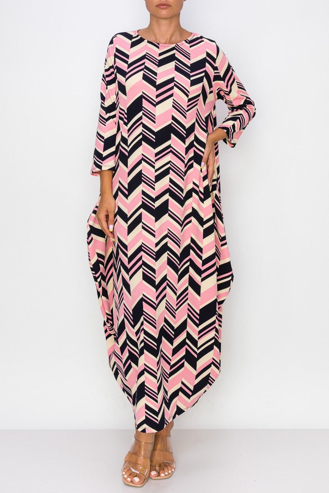 Womens Long Modest Maxi Dress Pink and Black Zig Zag Bubble Modest ...