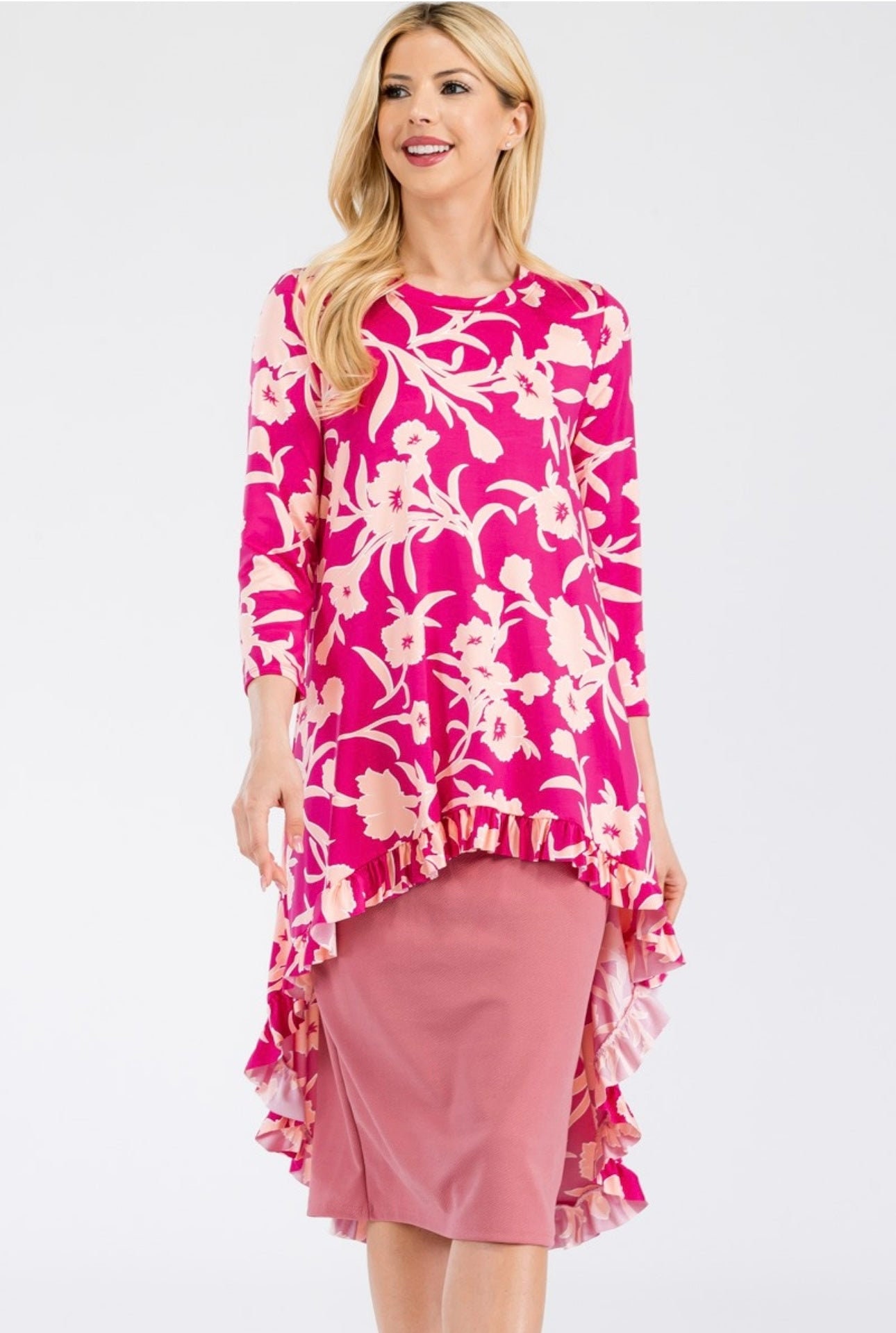 Women's Tunic Top Fuchsia Pink Floral Hi Low Tunic Top With Ruffle - Etsy