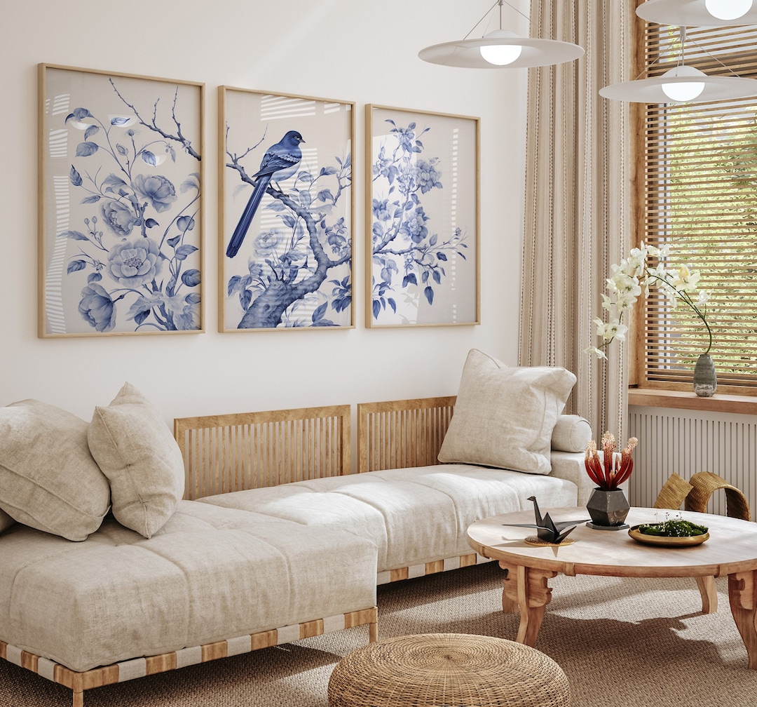 Blue Chinoiserie Set of 3 Prints, Chinoiserie Wall Art, Vintage Blue ...