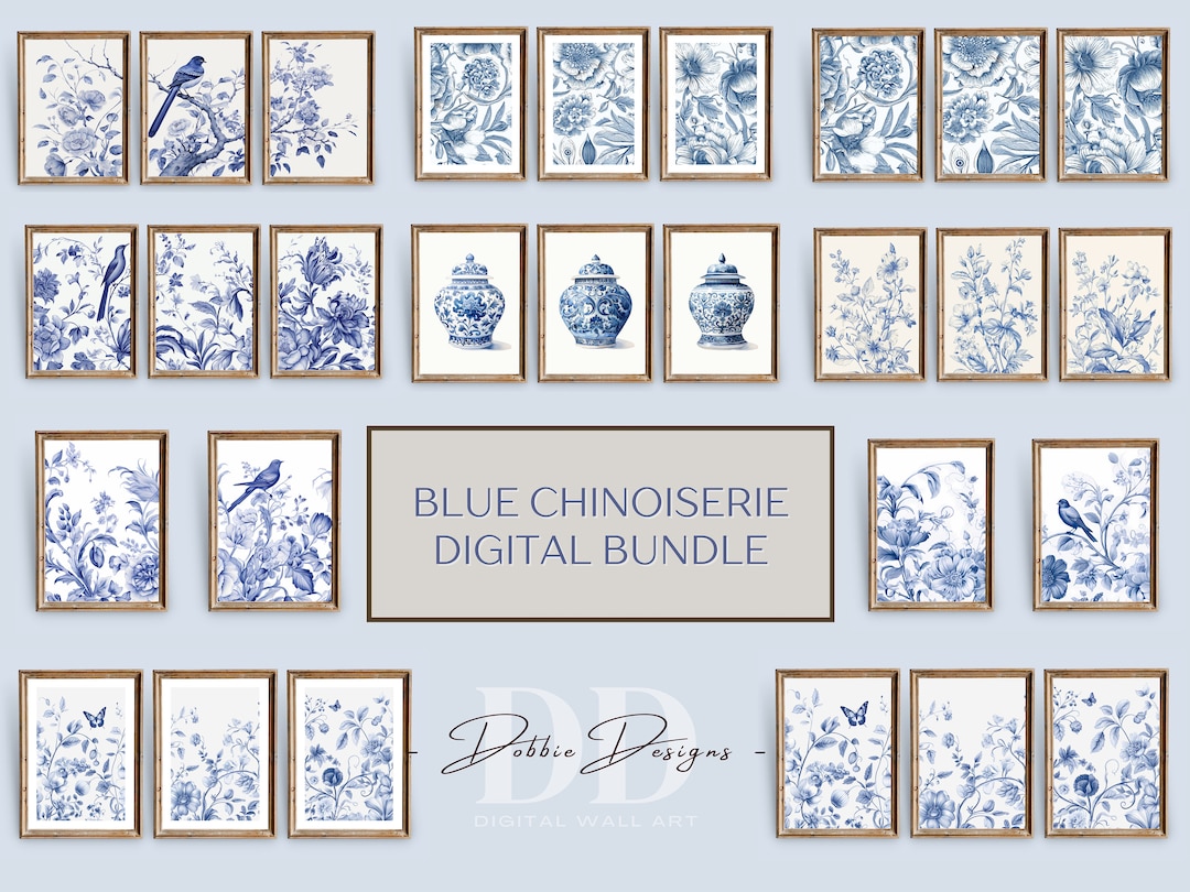 Blue Chinoiserie Bundle, Chinoiserie Wall Art, Vintage Blue Floral ...