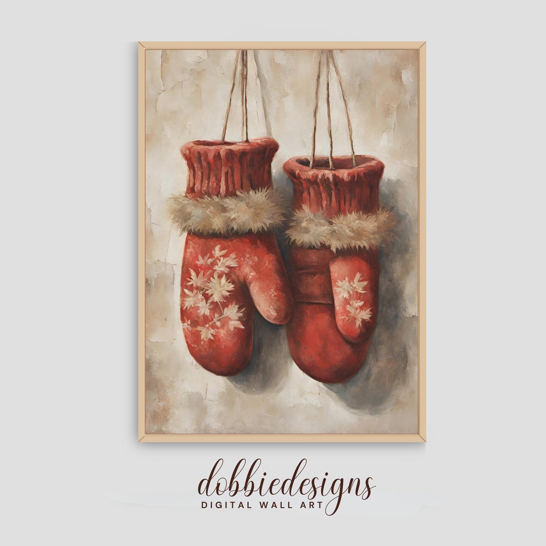 Rustic Winter Mittens Painting, Vintage Winter Mittens Print, Vintage ...