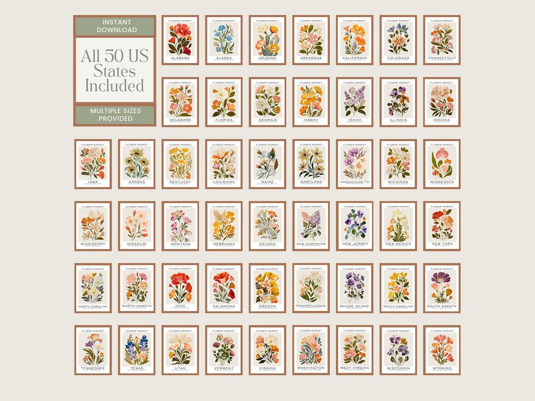 State Flower Print Bundle, Wall Art Print 50 US States, Flower Market ...