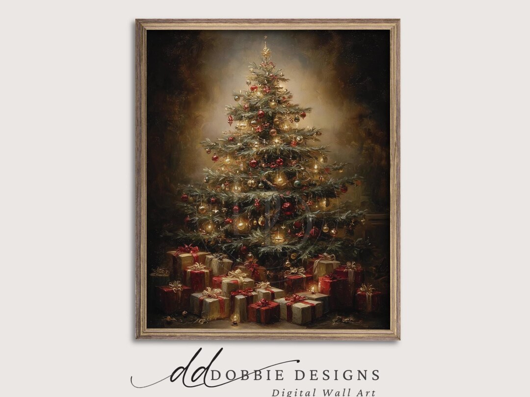 Vintage Christmas Tree Art Print Moody Holiday Painting Rustic ...