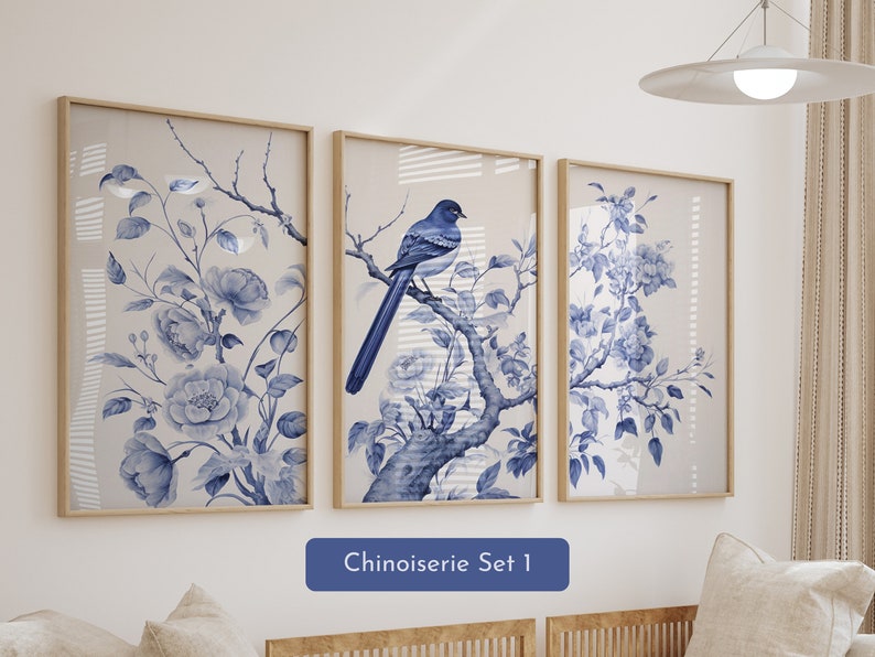 Blue Chinoiserie Bundle, Chinoiserie Wall Art, Vintage Blue Floral ...