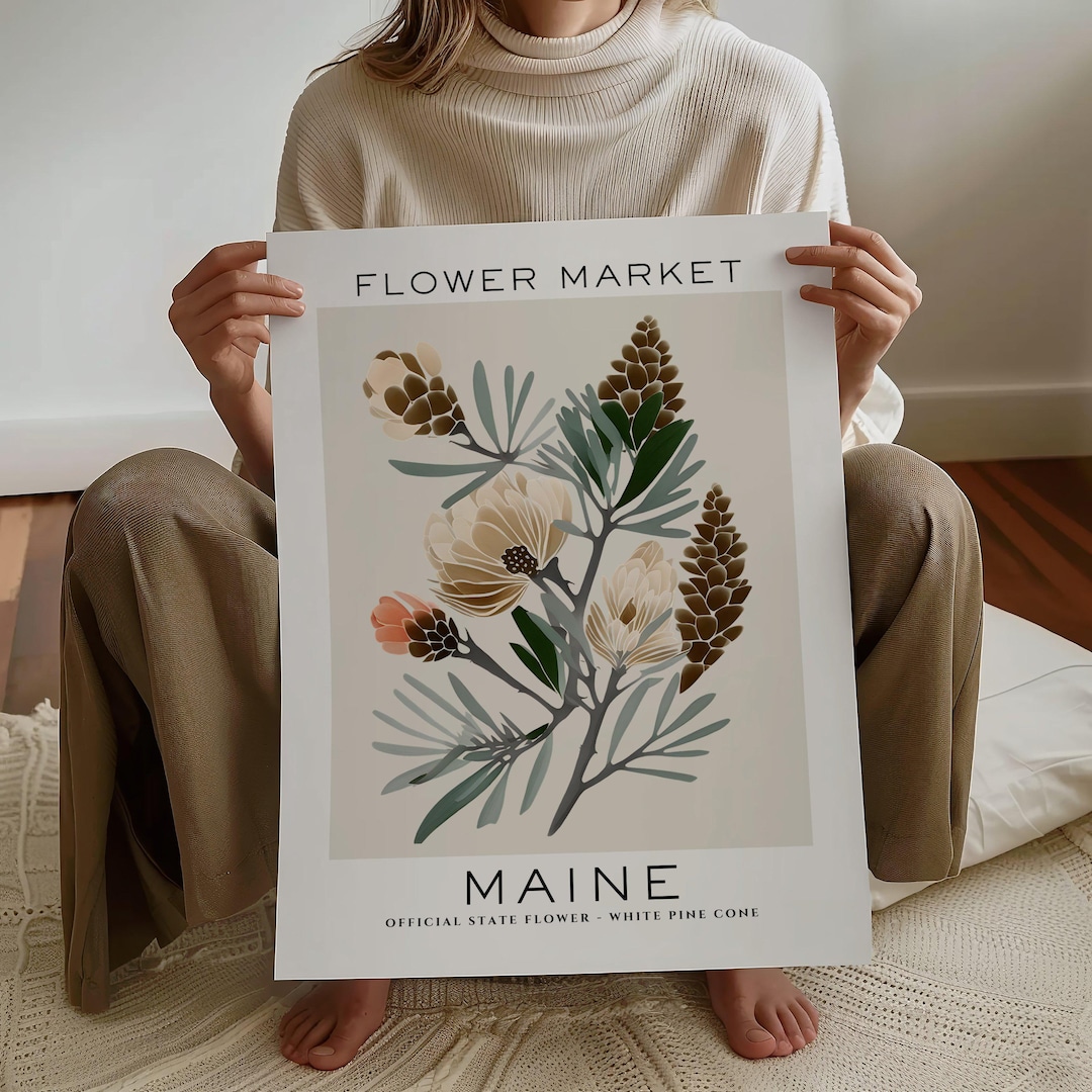 Maine State Flower Print, Maine Flower Market Print, Pine Cone Art ...