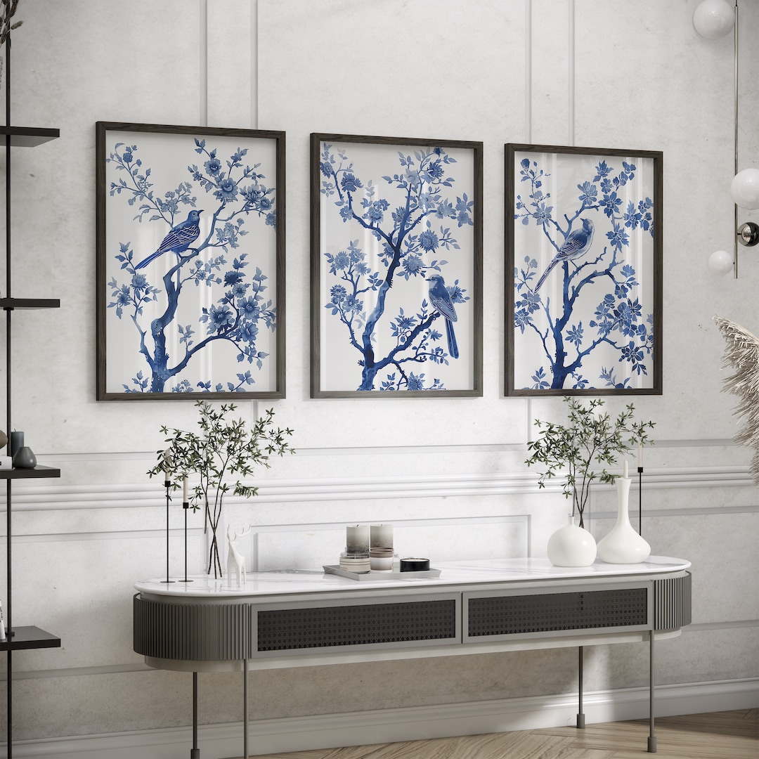 Blue Chinoiserie Set of 3 Prints Chinoiserie Wall Art Vintage Blue ...