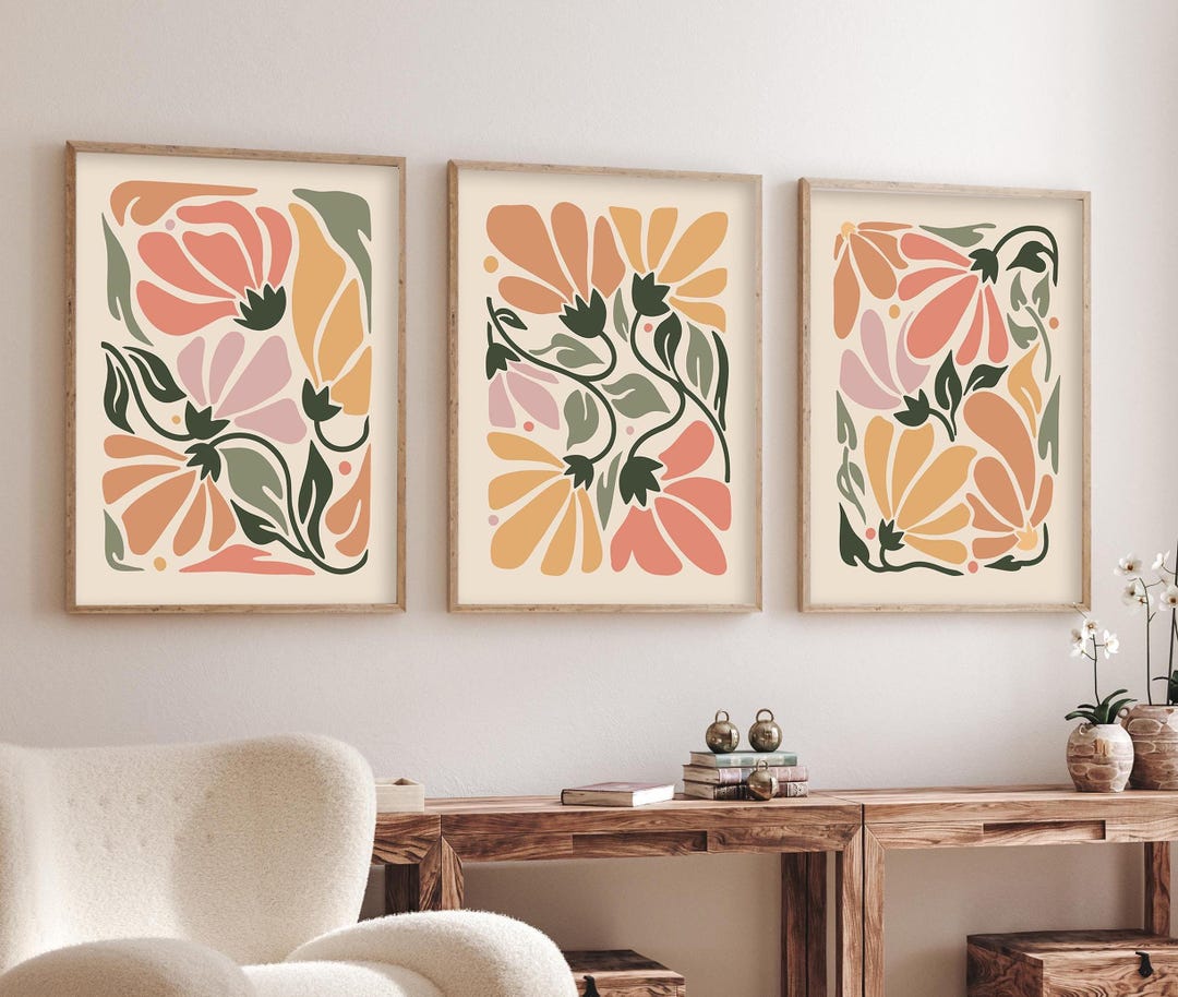 Boho Abstrakte Blumen Print Set von 3 druckbare Blumengalerie Wand-Set Terrakotta Prints Boho ...