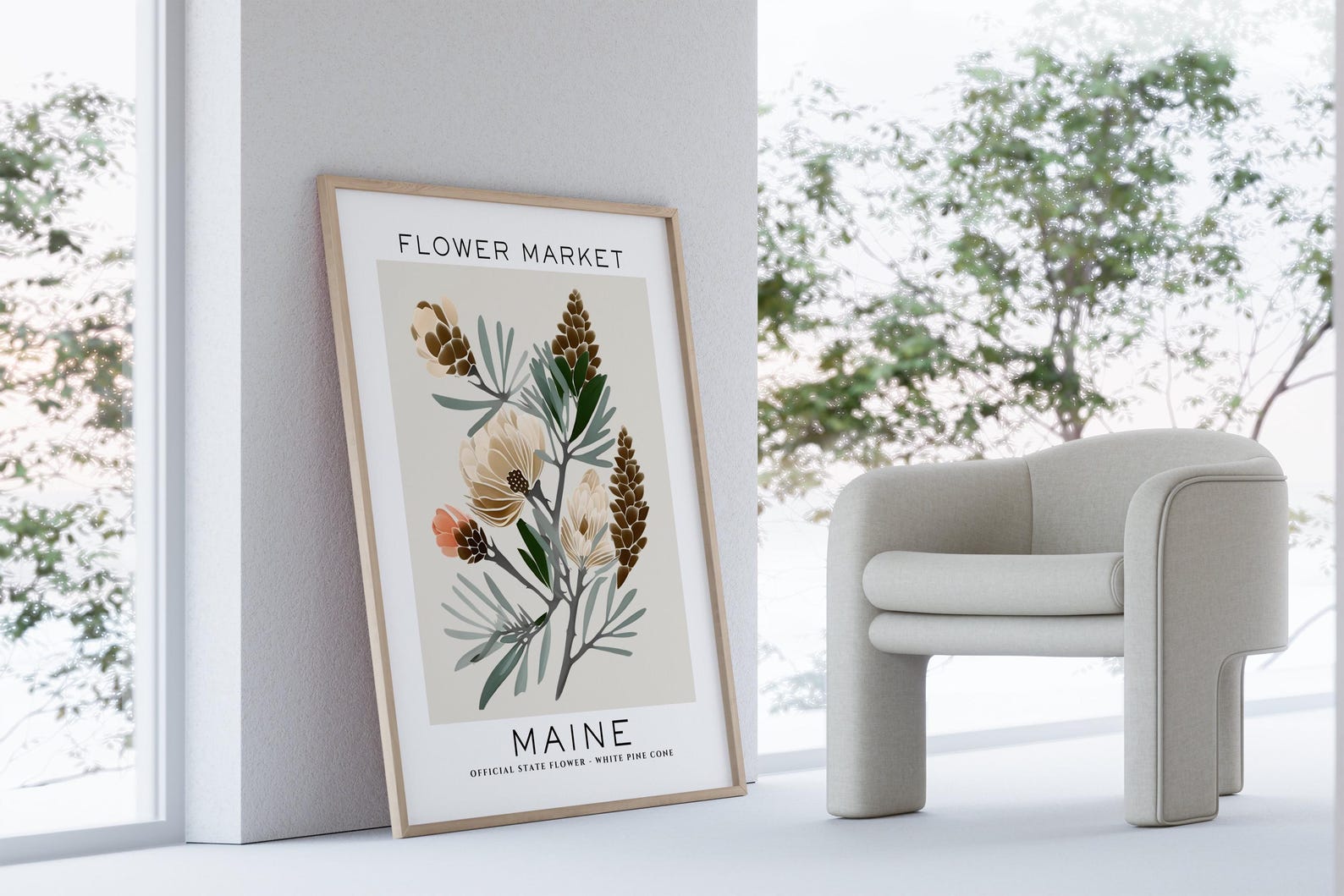 Maine State Flower Print, Maine Flower Market Print, Pine Cone Art ...