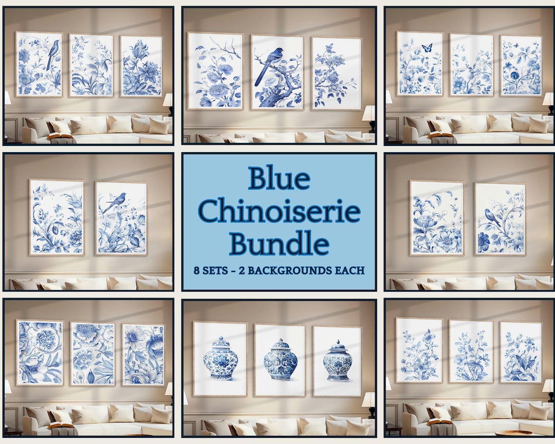 Blue Chinoiserie Bundle, Chinoiserie Wall Art, Vintage Blue Floral ...