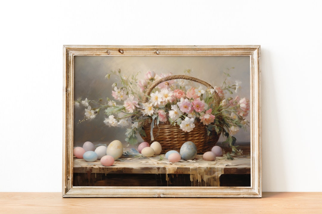 Vintage Easter Basket Art Print, Spring Blossom and Easter Egg Basket ...