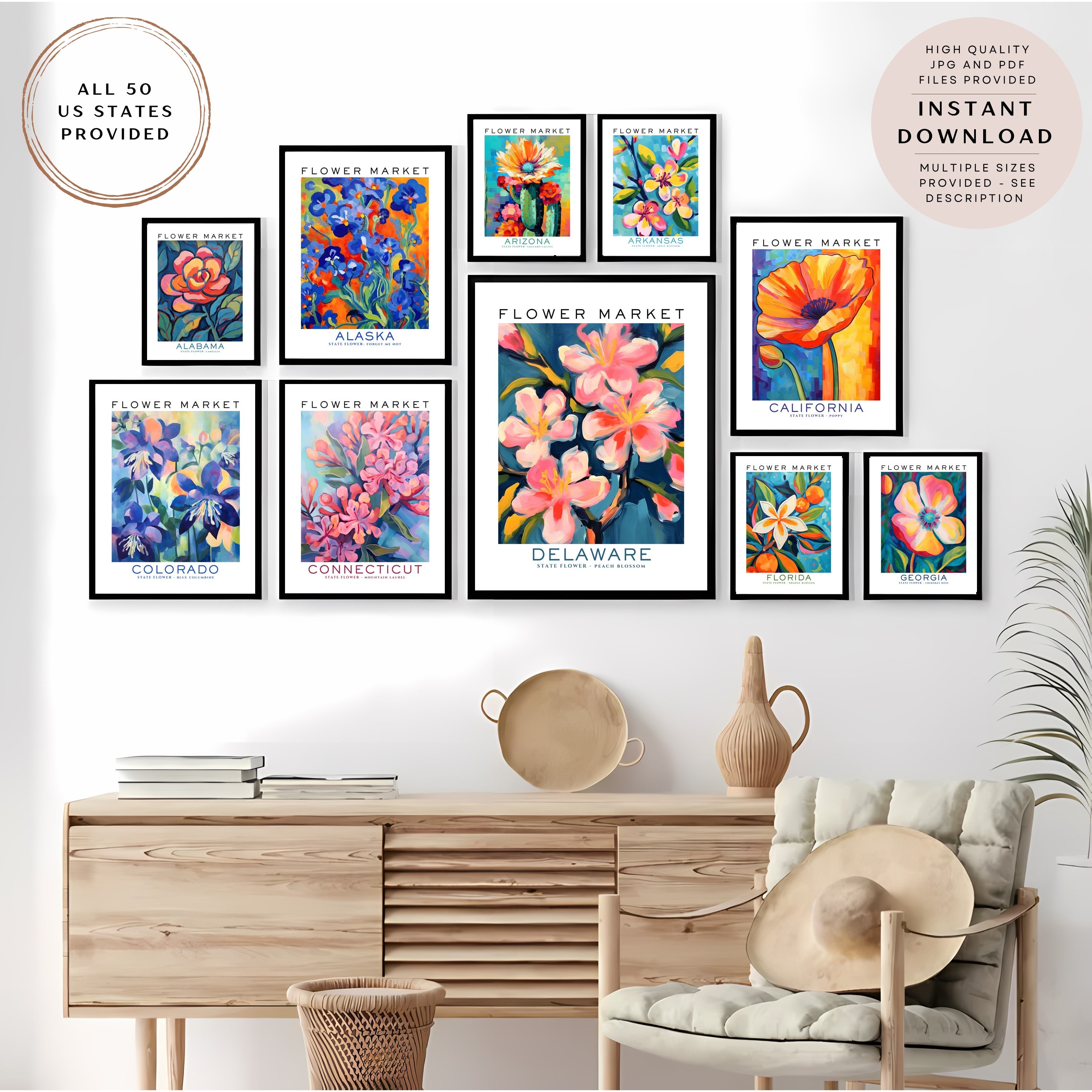 State Flower Print Bundle, Wall Art Print 50 US States, Flower Market ...