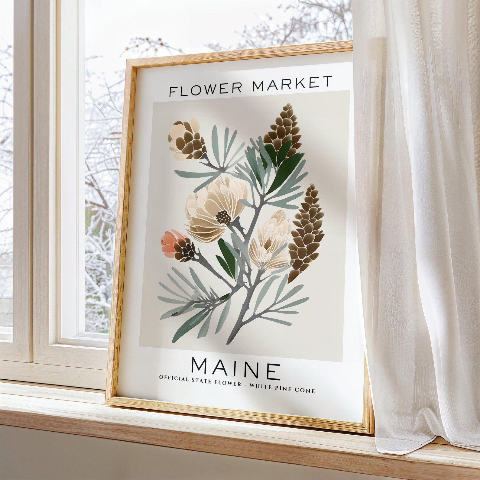Maine State Flower Print, Maine Flower Market Print, Pine Cone Art ...
